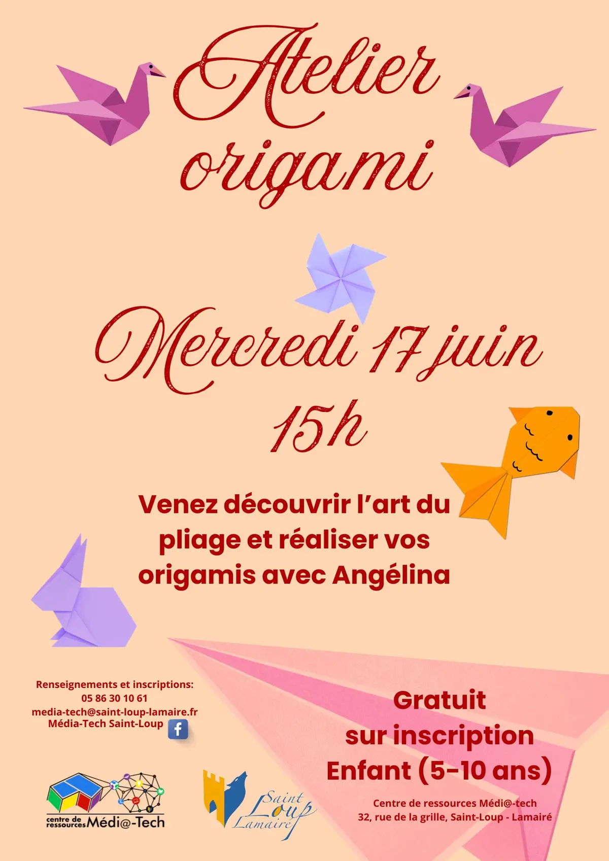 Atelier origami, à la Médi@tech - Saint-Loup-Lamairé : date, horaires ...